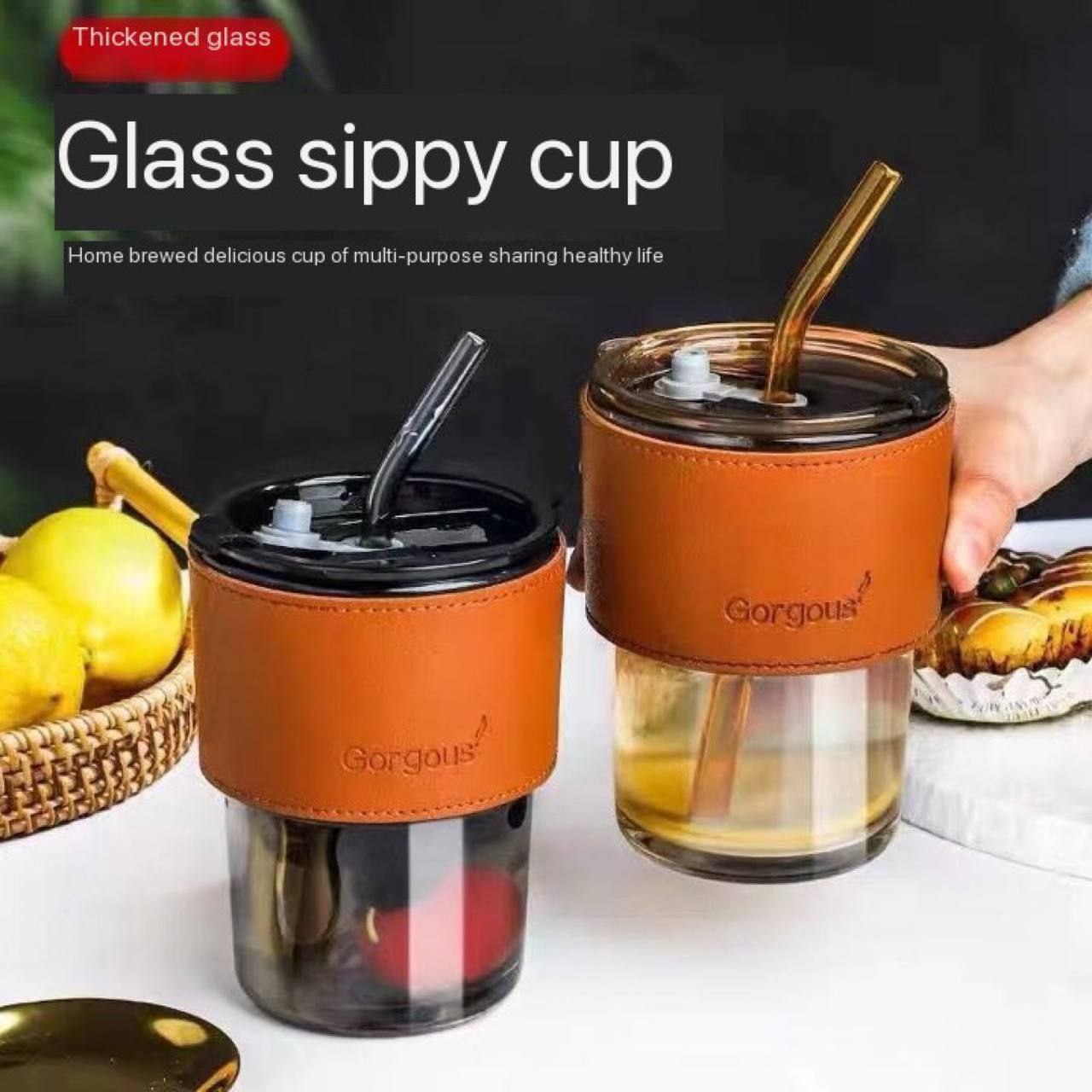 Slub glass cup with straw – Deseniam Store